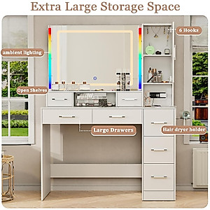 Hiwelldas Vanity Desk with Mirror and Lights, 43.3'' Large Makeup Vanity Table with Ambient Light 3 Lighting Modes Brightness Adjustable, Dressing Table with with Charging Station,7 Drawers