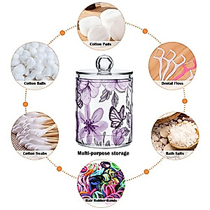 Clear Plastic Jar Set for Cotton Ball, Cotton Swab, Cotton Round Pads, Floss, Purple Flower and Butterfly Bathroom Canisters Storage Organizer, Vanity Makeup Organizer,2Pack