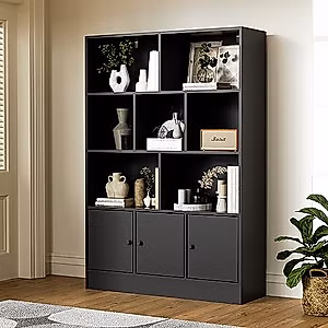 Anystyle Black 10 Cube Bookshelf, 4-Tier Bookcase Storage Cabinet with 3 Doors for Bedroom, Living Room