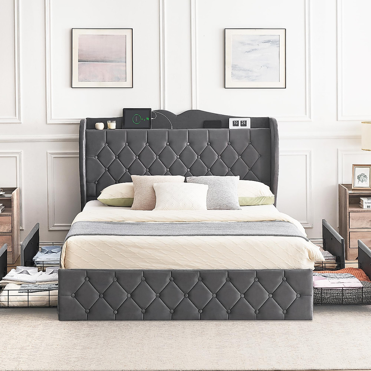 Queen Bed Frame with 4 Storage Drawers and Charging Station, Upholstered Platform Bed with Tall Headboard and Storage Shelf, Luxurious Velvet Button Tufted and Wingback,Wooden Slats Support, Grey