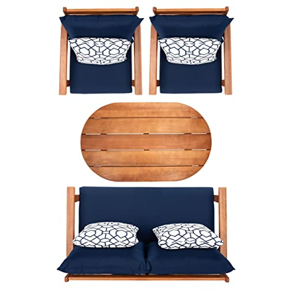 SAFAVIEH Outdoor Collection Deacon Acacia Wood Cushion 4-Piece Conversation Patio Set with Accent Pillows PAT7050E, Navy/Natural