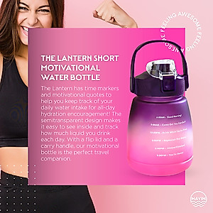 Mayim 32 oz. The Lantern Short Motivational Water Bottle with Removable Straw & Handle, BPA Free Leakproof Fitness Sports Water Jug with Time Marker Reminder, Ombre Two-Tone (Purple to Pink)
