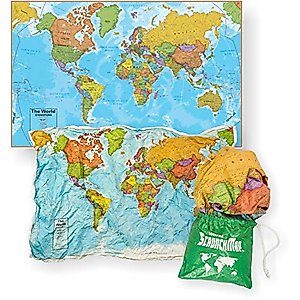 Waypoint Geographic World ScrunchMap, Portable, Easy-to-Store Map of the World, Water and Tear-Resistant Map, Eco-Conscious Unique Gifts, Storage Bag Included, 24" H x 36" W