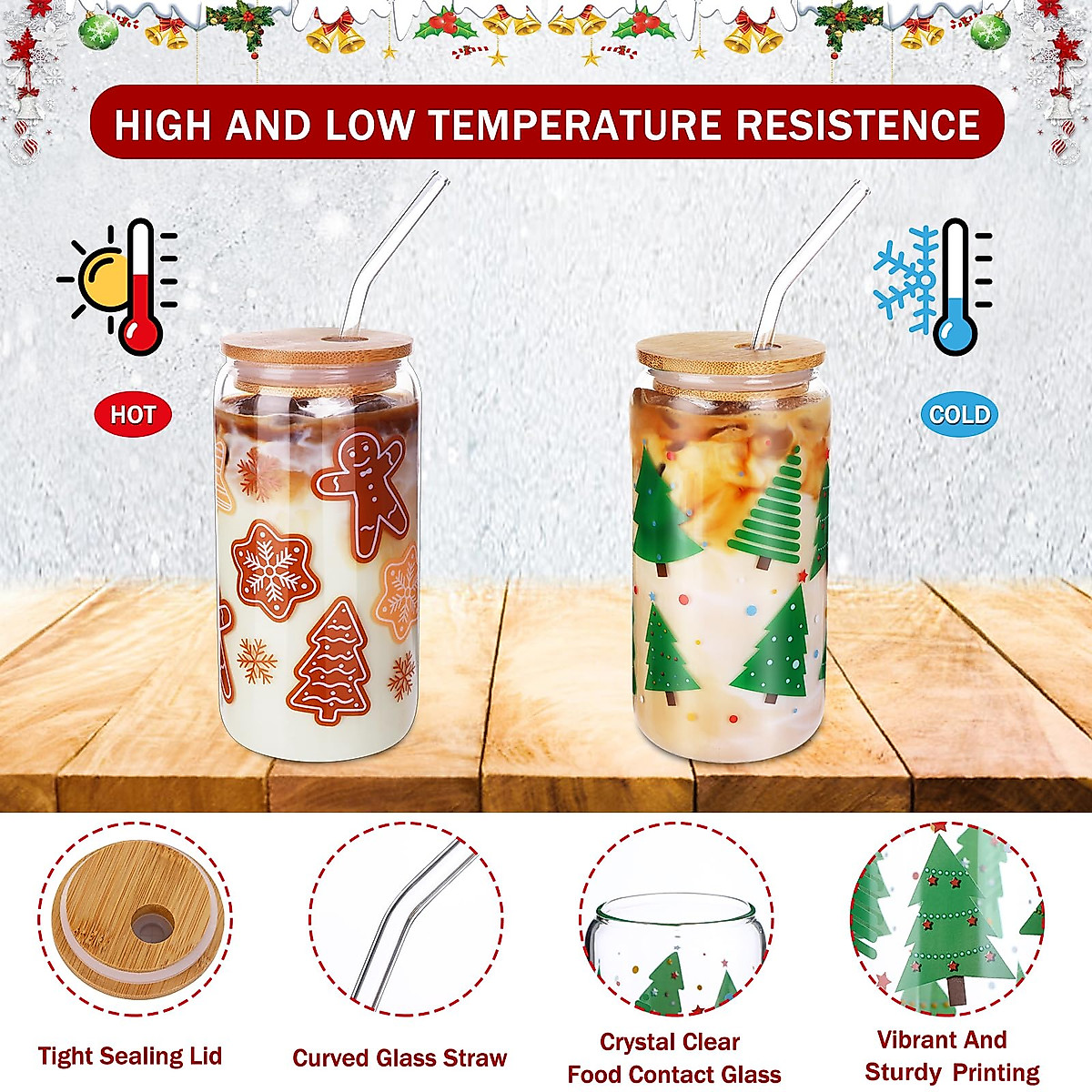 4Pcs Christmas Glass Cups, 16oz Christmas Mason Jars with Lid and Straw Christmas Tumbler Drinking Glasses Coffee Cups Jar Decor Glassware Water Bottles Xmas Home Decorations Gift for Kids Women Men