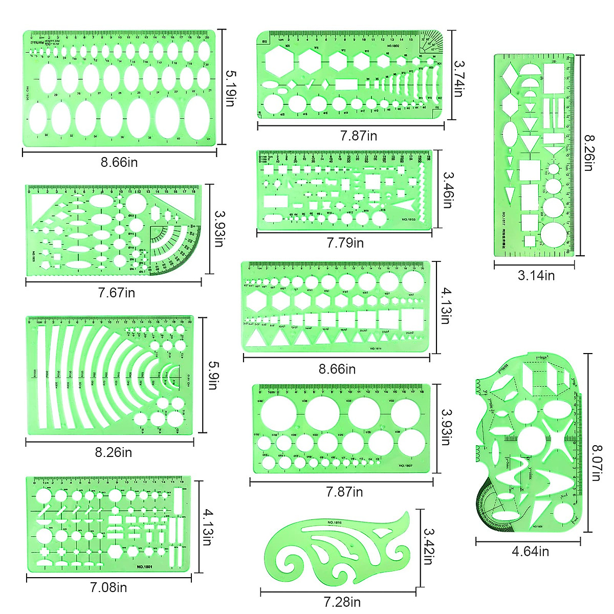 11PCS Geometric Drawings Templates, Drafting Stencils Measuring Tools, BetyBedy Plastic Clear Green Ruler Shapes with a Zipper Bags for Architecture, Office, Studying, Designing and Building