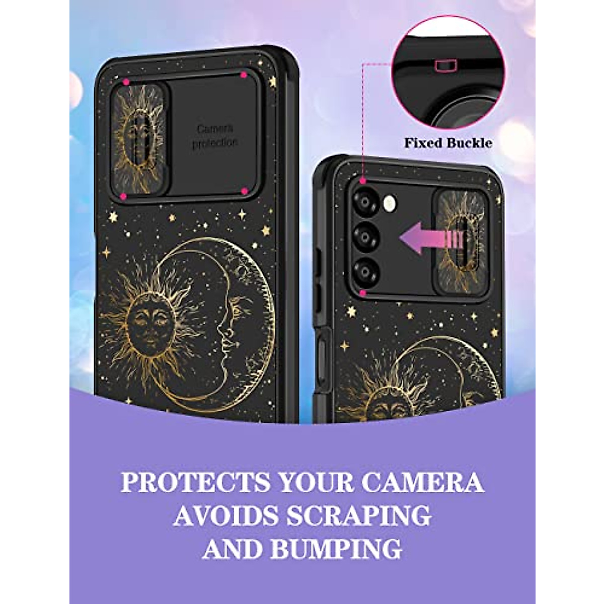 Goocrux for Samsung Galaxy A03S Case Sun and Moon Stars for Girls Women Cute Space Girly Phone Cover Fashion Gold Print Unique Design with Slide Camera Cover Aesthetic Cases for Galaxy A03S 5G 6.5''