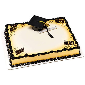 Plastic Graduation Cap Cake Topper with Large Paper Diploma Cake Topper (Black)