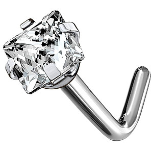 FIFTH CUE Prong Set Square Diamond CZ Solid Grade 23 Titanium L Bend Stud Nose Ring (18G | 1/4" (6mm) | 3x3mm CZ)
