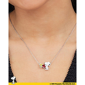 PEANUTS Womens Snoopy and Woodstock Red Crystal Heart Necklace 18" - Silver Plated Snoopy Necklace - Official License