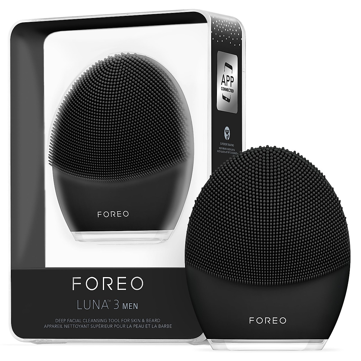 FOREO Luna 3 Men Silicone Facial Cleansing & Firming Massage Brush for Skin and Beard, Shave Prep, Ultra-Hygienic,16 Intensities, 650 uses/USB Charge, App-Connected, Waterproof, 2-Year Warranty