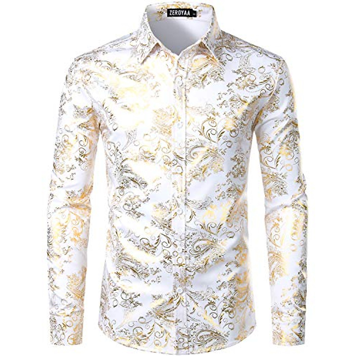 ZEROYAA Men's Luxury Paisley Gold Shiny Printed Stylish Slim Fit Button Down Dress Shirt ZLCL18 White Gold Medium