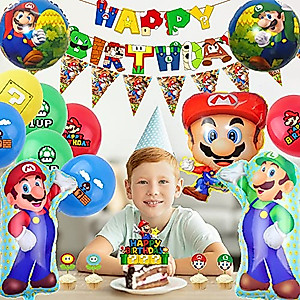 Su-perr M-arioo Birthday Party Supplies,44pcs Su-perr M-arioo Party Decorations Set-Su-perr M-arioo Bros Balloons,M-arioo Balloons Banner etc Su-perr M-arioo Theme Birthday Party Supplies for Boy Kids