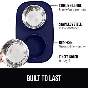 GORILLA GRIP 100% Waterproof BPA Free Cat and Dog Bowls Silicone Feeding Mat Set, Stainless Steel Bowl Slip Resistant Raised Edges, Catch Water, Food Mess, No Spills, Pet Accessories, 1 Cup, Navy
