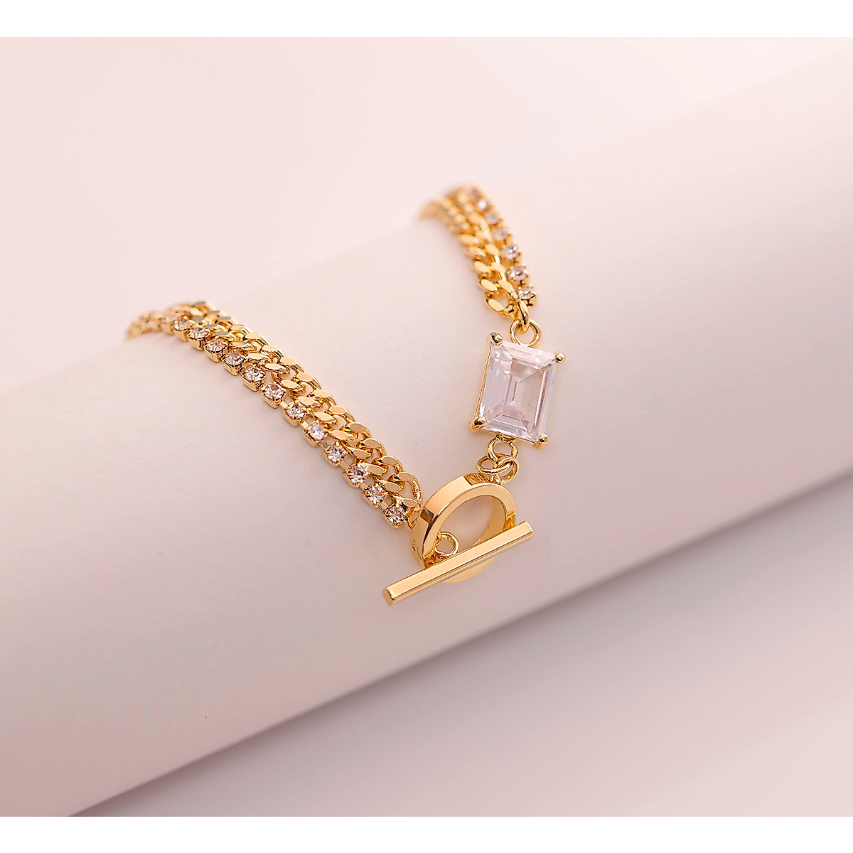 Teitze 18K Gold Plated Link Bracelets Zirconia Trendy Bracelet Dainty Chain Bracelet for Women Mother Gift (Emerald, Yellow Gold)