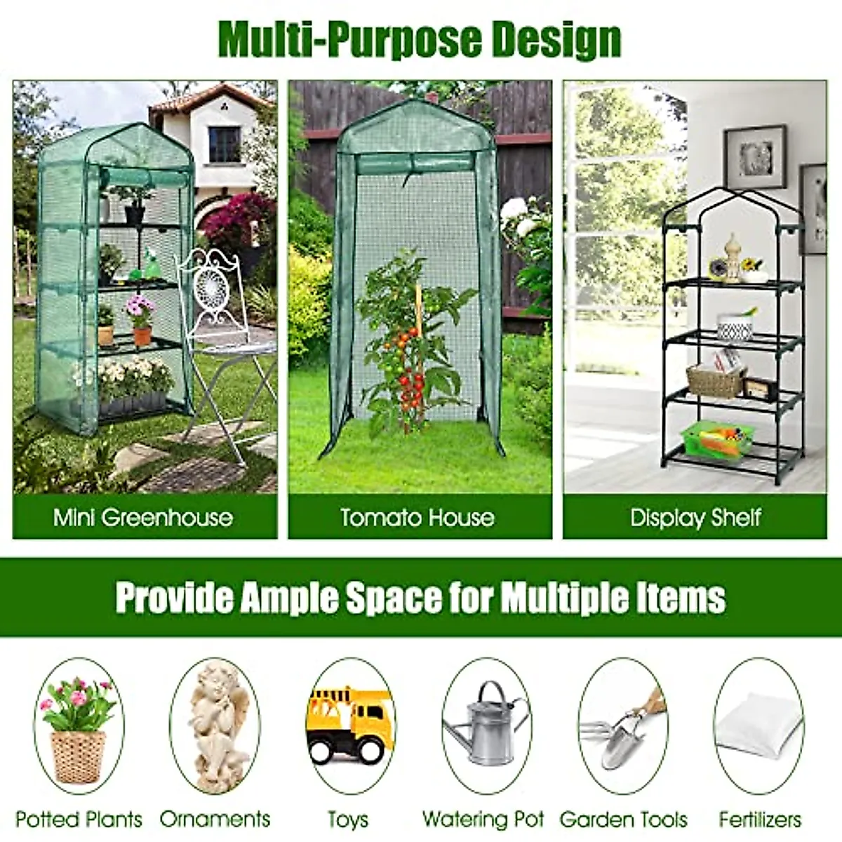 Giantex Portable Mini Greenhouse, Gardening Tent W/ 4-Tier Rack, Weatherproof PE Cover, Zippered Roll-up Door, Steel Frame, Easy Setup, Indoor & Outdoor Small Garden Supplies Green