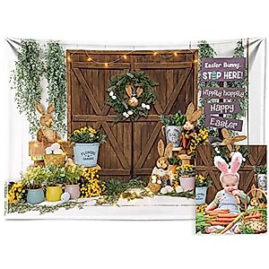 Seasonwood 7x5ft Fabric Spring Easter Backdrops for Photography No Wrinkles Wood Floor Bunny Rabbit Eggs barn Background Kids Baby Portrait Banner Photo Decor Photoshoot Prop Props Favors
