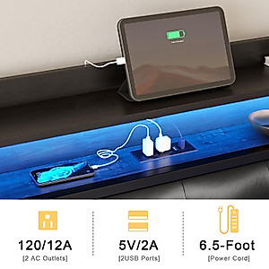 HAUSOURCE Queen Bed Frame with Storage Headboard & Footboard Upholstered Platform Bed with LED Lights USB Ports & Outlets No Box Spring Needed