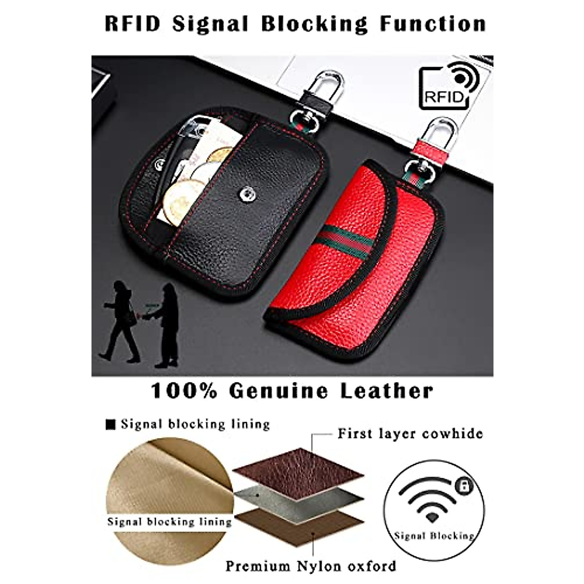 VAWcornic 2 Pack Faraday Bag for Car Key Fob, Genuine Leather Car Key RFID Signal Blocking Pouch Keyless Signal Block Key Case for Car Security Anti-Theft Remote Entry Smart Fob Protection – Black+Red