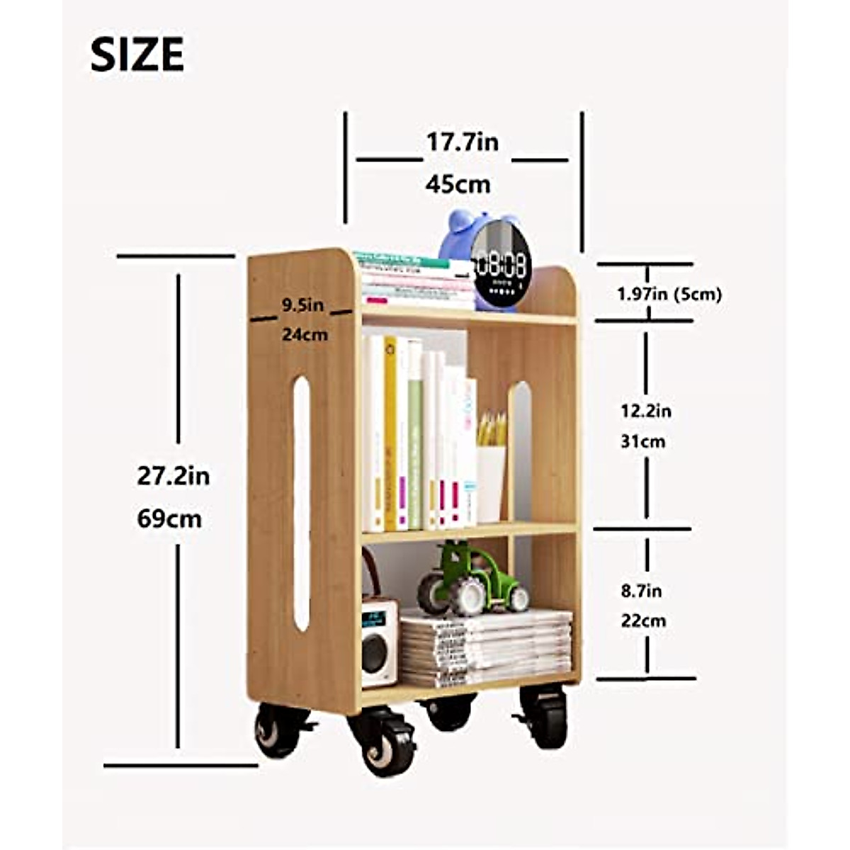 Heehee Mobile Bookshelf on Wheels Bookcase Under Desk Office Cart for Home Office Wooden Bookshelf Sideboard Storage Rack Side Cabinet