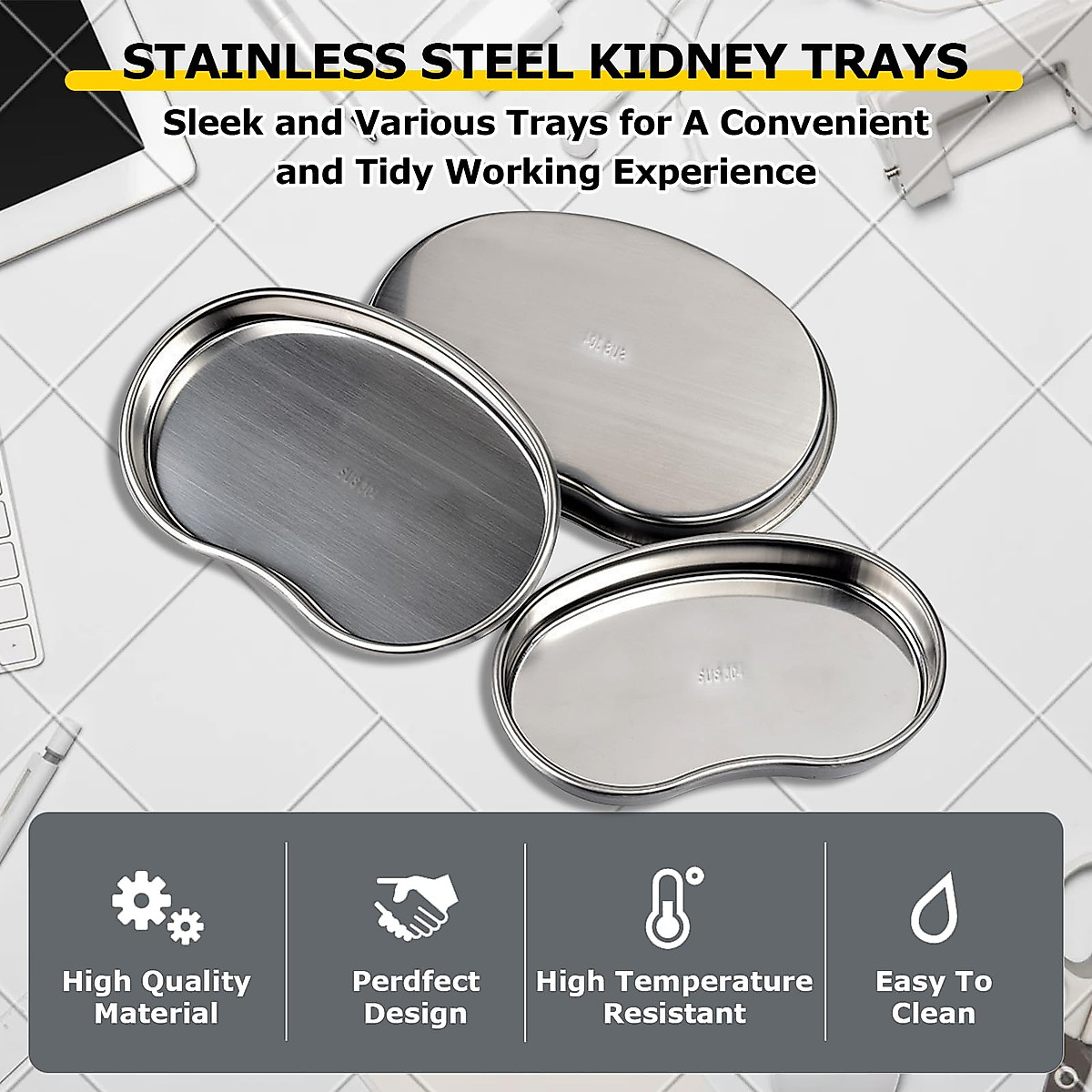 Kidney Tray - Romlon 3 Pack Stainless Steel Tray Metal Tray Stainless Steel Curved Sheet for Dental, Lab Instrument, Office Room, Bathroom.