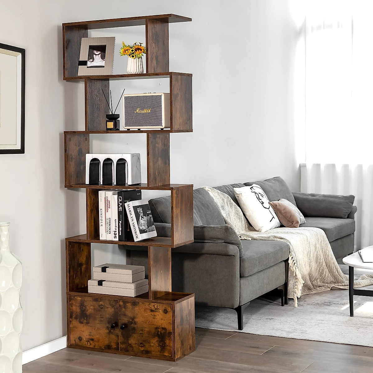 Tangkula S Shaped Bookshelf with Cabinet, 6-Tier Bookcase with Doors, Freestanding Geometric Bookshelves for Living Room, Anti-toppling Device, Home Office Wood Storage Display Shelf (1, Rustic Brown)