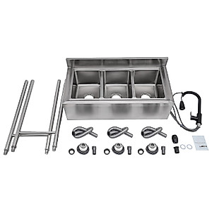 TBVECHI Free Standing Stainless Steel Kitchen Sink, Three Bowls Commercial Restaurant Utility Sink Set w/Hot and Cold Water Faucet, Prep & Utility Washing Hand Basin Sink w/Workbench Indoor Outdoor