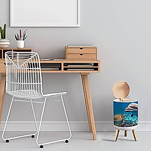 Small Trash Can with Lid Dolphin and Turtle Underwater on Reef 7 Liter Round Garbage Can Elasticity Press Cover Lid Wastebasket for Kitchen Bathroom Office 1.8 Gallon