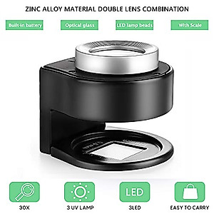 30X Coin Magnifier, USB Rechargeable 6 Lights Portable Metal Eye Loupe Sewing Magnifying Glass for Textile Optical Jewelry Tool Coins Currency Stamps (Black)