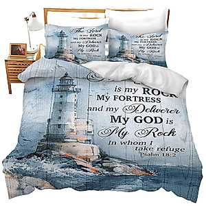 Christian Bedding Set Nautical Lighthouse Duvet Cover Twin Full Queen King Size Comforter Cover for Kids Adults Men Women Ocean Theme Quilt Cover Decorative Soft Bedding Set with 2 Pillowcases