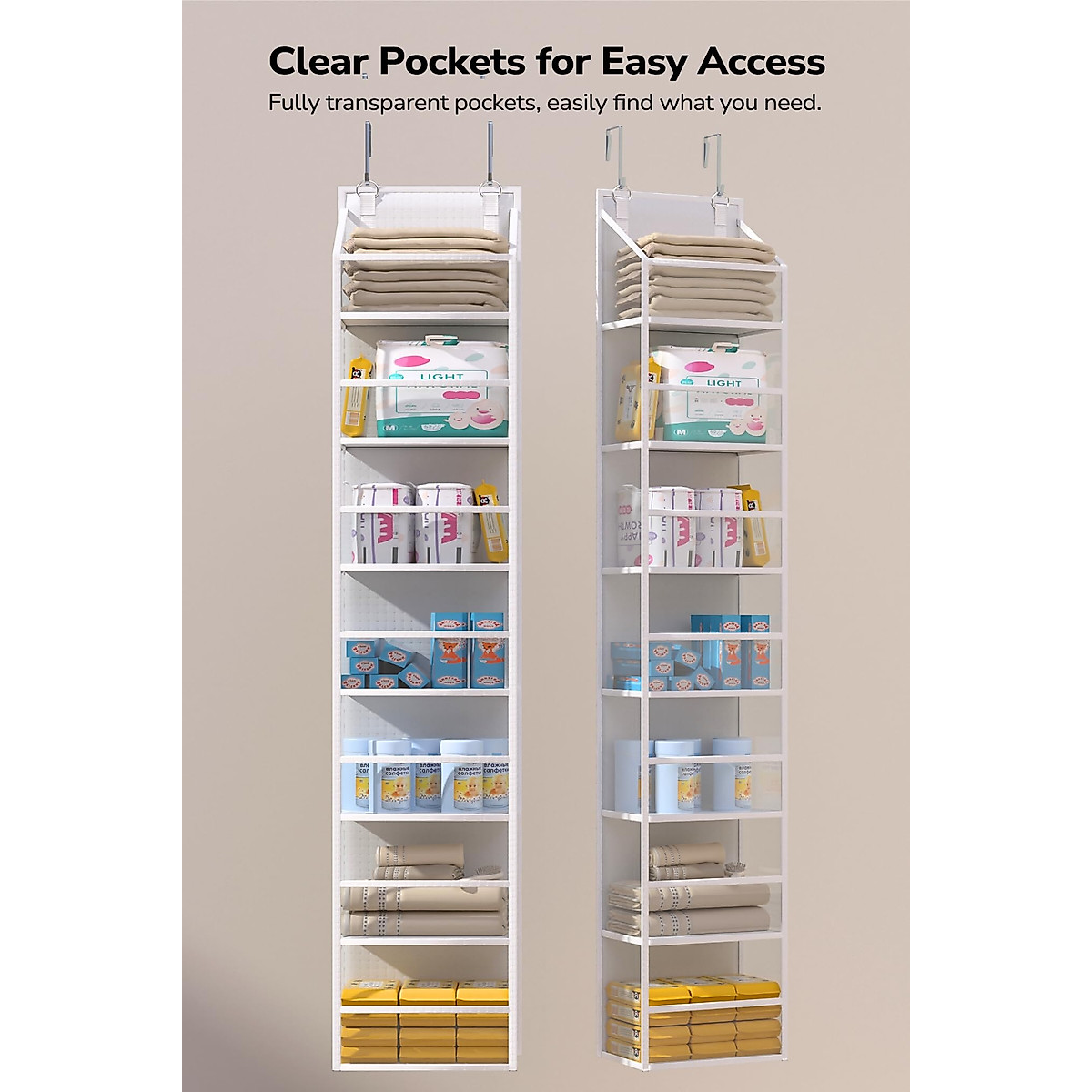 ALLTIDYUP Over The Door Hanging Pantry Organizer 7 Shelves, Clear Plastic Pockets Hat Racks for Baseball Caps, Large Capacity Storage for Closet, Bedroom, Bathroom, Office, Dorm Room Essentials