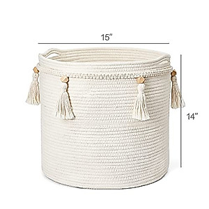 Mkono Macrame Decorative Cotton Rope Basket Boho Cute Woven Tassel Closet Storage Bins Organizer for Nursery,Baby Toys,Blankets,Magazines, Potted Plants Cover,Living Room,Bedroom Home Decor 15"x 14"