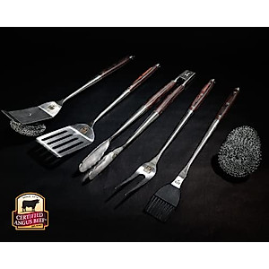 Certified Angus Beef Premium Grilling Set - 5 Piece Heavy Duty Stainless Steel Grill Tool Set with Pakkawood Handles for BBQ Accessories, Tailgating, and Smoker Accessories
