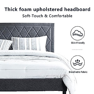 Queen Size Upholstered Platform Bed Frames with Foam Headboard, Mid-Century Modern Platform Bed with Storage Solid Wood Slat Support for Bedroom Small Living Space Boys Girls, Under Bed Storage, Gray