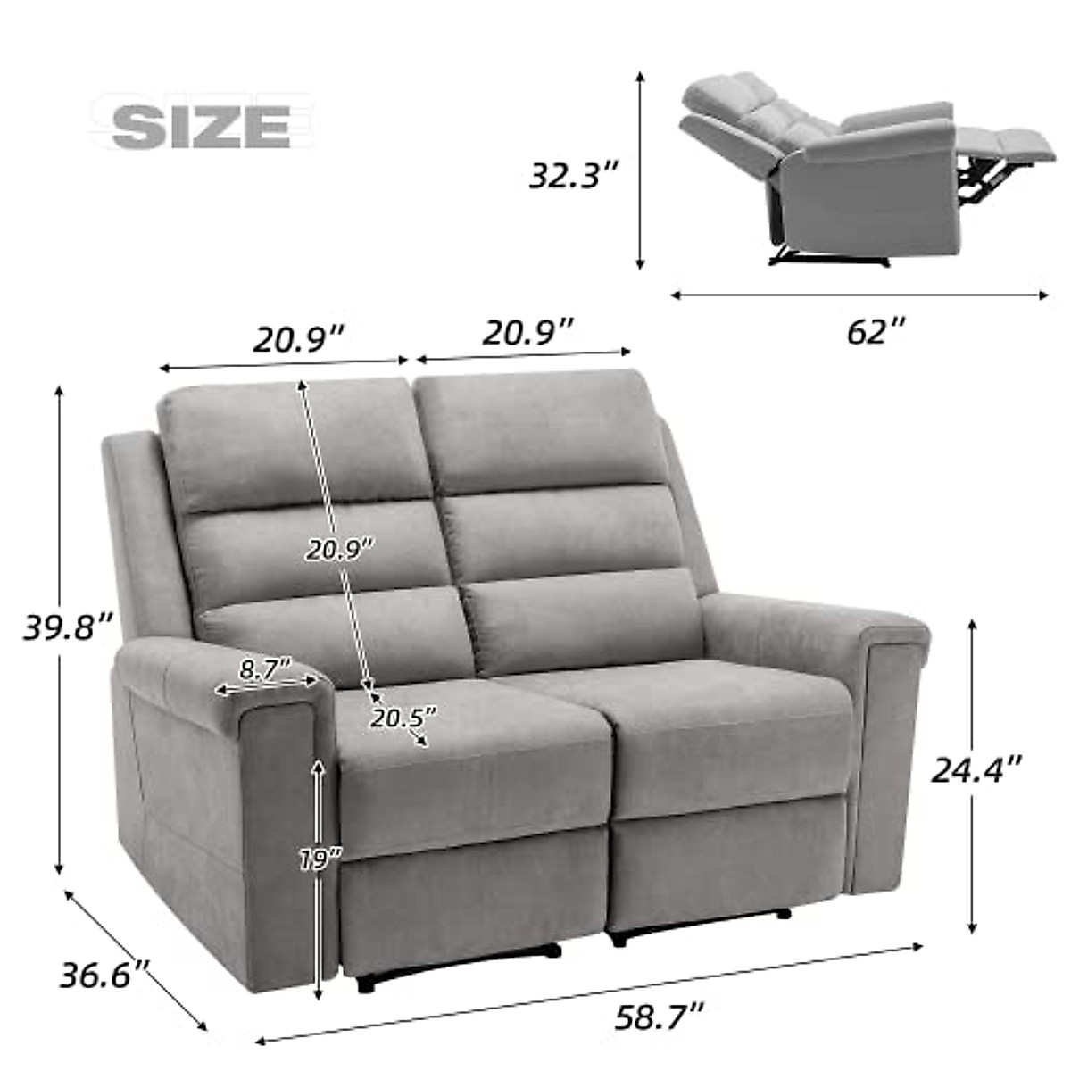 MELLCOM Linen Reclining Loveseat, Manual Reclining Home Theater Seating, Upholstered Sofa Recliner Chair, Arm Chair for Living Room Reading Room Bedroom, Loveseat, Gray
