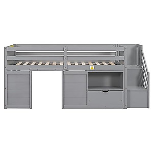 Twin Size Low Loft Bed with Play Space, Solid Wood Low Loft Bed Frame with Drawer, Shelf and Stairs Kids Loft Bed for Boys, Girls & Teens (Grey)