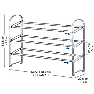 Tatkraft Maestro Heavy Duty 3 Tier Shoe Rack, Expandable Entryway Shoe Organizer, Easy to Assemble, Chrome Plated Steel