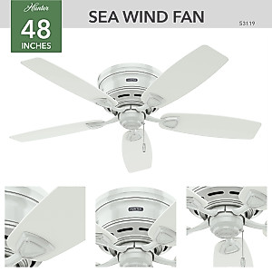 Hunter Fan Company, 53119, 48 inch Sea Wind White Low Profile Indoor / Outdoor Ceiling Fan and Pull Chain