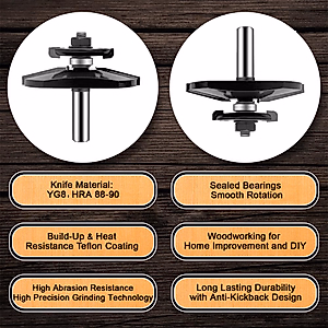 LEATBUY 1/2 Inch Shank Router Bit Set 3 PCS Round Over Raised Panel Cabinet Door Rail and Stile Router Bits, Woodworking Wood Cutter, Wood Groove Tongue Milling Tool(1/2-double)