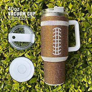 Cupcupmore 40oz America Football Bling Rhinestone Stainless Steel Sippy Tumbler Glitter Vacuum Insulated Water Bottle with Straw & Lid &Handle,Thermos for Hot & Cold Drinks,Car Cup Holder,Coffee
