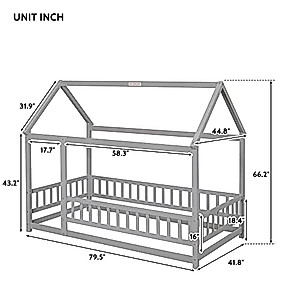 DEYOBED Twin Size Wooden Bed with House Roof Frame and Fence Guardrails, Twin Size Floor Bed Frame for Children - Gray Floor Bed