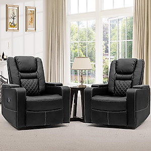 YITAHOME Swivel Glider Rocker Recliner Chair with Cup Holders, Home Theater Seating Soft Leather Reclining Chairs for Movie Room with Hidden Arm Storage(Black)