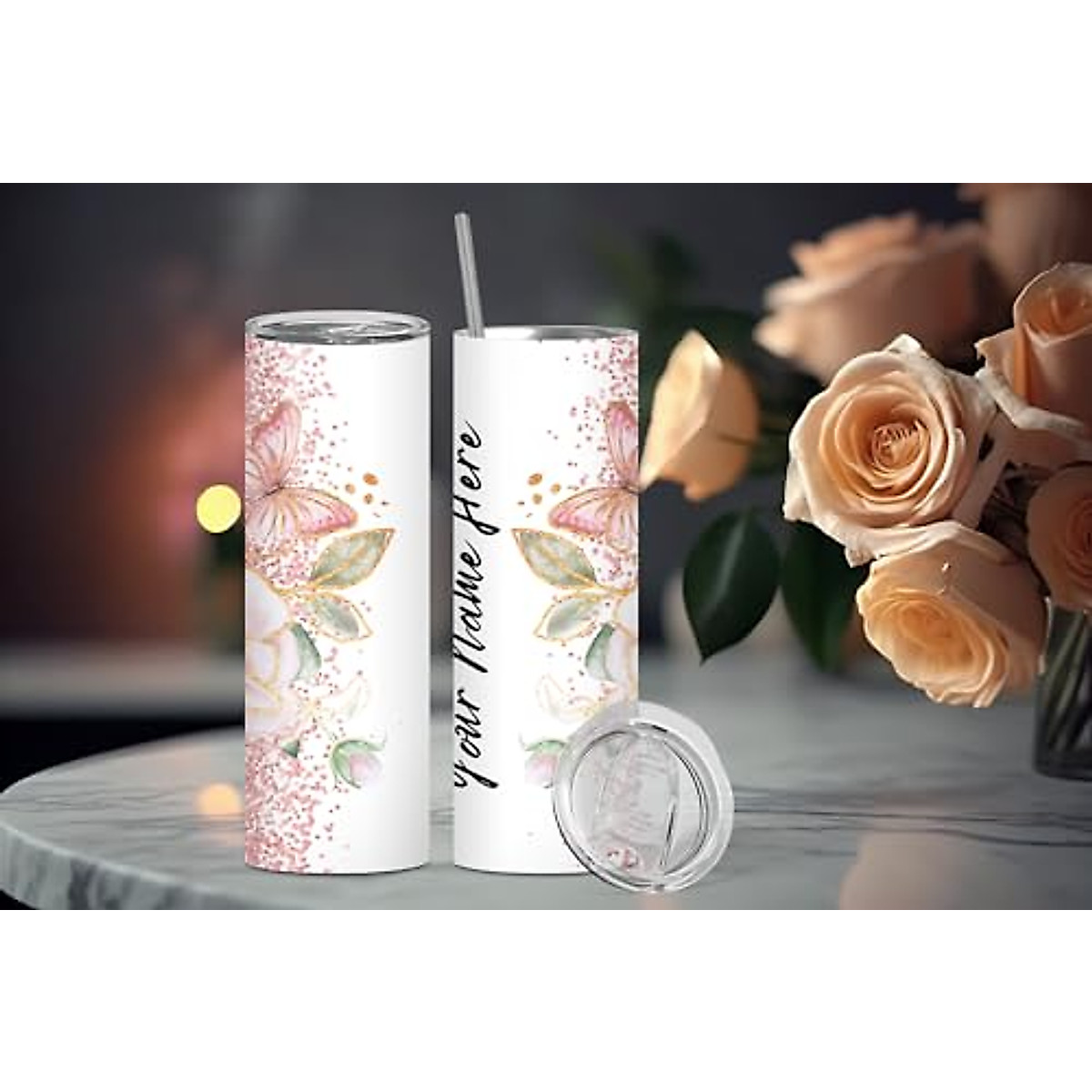 Personalized Flowered Skinny Tumbler 20Oz, Stainless Steel with lid, Straw, Brush and Non-Slip Base. Keep Drinks Hot or Cold. Use like Water Bottle, Coffee Mug, Travel Mug, Wine Cup. (Glitter Pink)