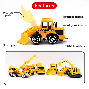 YIMORE Alloy Engineering Truck Mini Pocket Size Construction Models Play Vehicles Toy for Kids Party Favors Cake Decorations Topper Birthday Gift, 6Pcs Set
