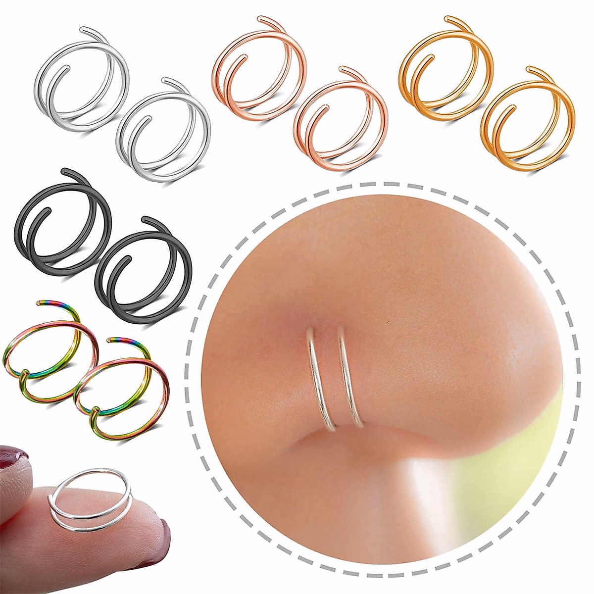 1 Pair Double Nose Hoop Ring for Single Piercing Nose Hoop, Stainless Steel Spiral Nose Rings Hoop, Nostril Piercing Jewelry for Women Men (1 Pair, A01#Silver)