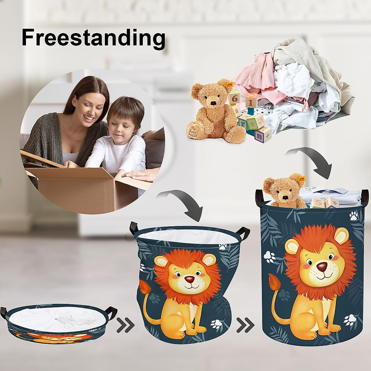 Clastyle 63L Large Lion Kid Laundry Hamper with Handle for Boy Girl Collapsible Clothes Toy Storage Basket with Lid for Bedroom Bathroom Nursery
