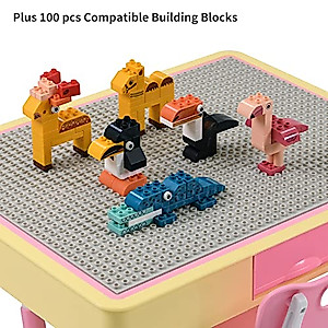 FLYING OLLY Kids Table and Chair Set with Block-Build Table & Dry-Erase Activity Table, Compatible Kids Art painting Table with 2 Drawers for Kids and Toddlers for Daycare, Classroom, Kids Room (Pink)