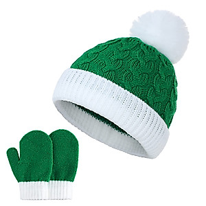 Zando Baby Newborn Hats Knit Soft Infant Winter Hat Pom Pom Thick Baby Beanie Hat Warm Baby Hat and Mitten Set Baby Toddler Mittens Winter Gloves Christmas Hat for Baby Girls Boys White&Green