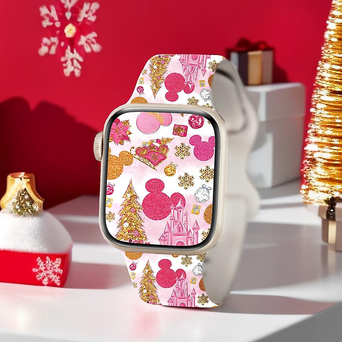 Aniaboho Christmas Soft Silicone Apple Watch Bands Compatible with Apple Watch Series 10 9 8 SE 7 6 5 4 3 2 1 Ultra 2 1,Cute iWatch Bands for Women Men, Holiday Apple Watch Band for Apple Watch 46mm 45mm 44mm 49mm 42mm(Fantasy Pink)