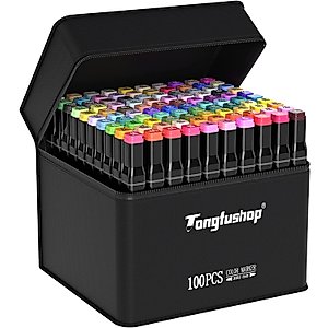 Tongfushop 100 Colors Alcohol Markers, Double Tip Blender Art Drawing Markers Set, Professional Permanent Sketch Pens for Artist Adult Coloring Illustrations with Organizing Case, Pad