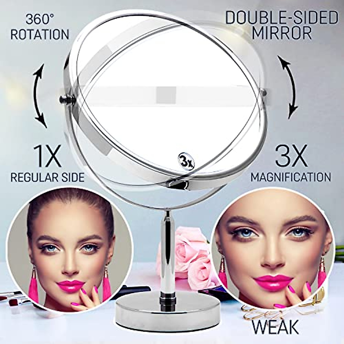 XXLarge Oversized 3X Weak Magnifying Mirror with Stand for Desk, Table, Retail Store Countertop, and Makeup Vanity - Double Sided 3X/1X Magnification - 17" Tall and 11" Wide